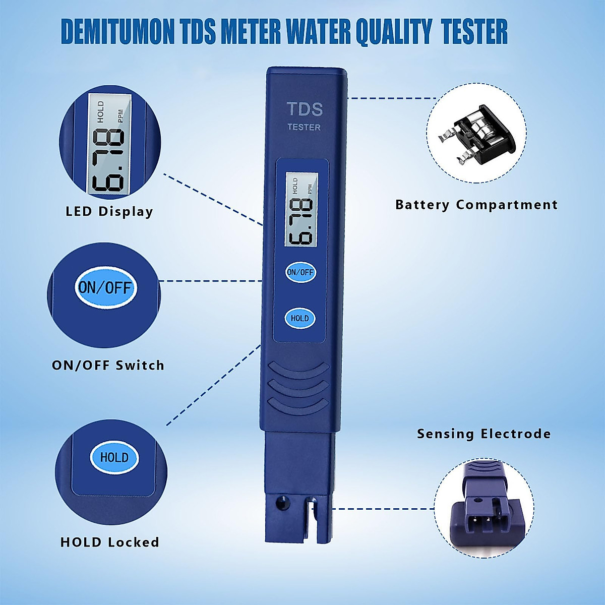DEMITUMON TDS Meter Digital Water Test,Electronic Water Test with 0-9999 PPM Measurement Range for Household Drinking Aquariums,Pools,Hydroponic,Hand Held,Quick Read,Blue