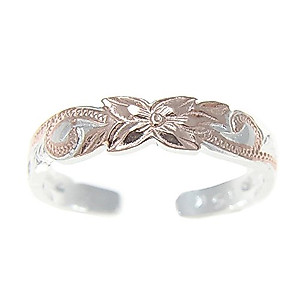 Arthur's Jewelry 925 sterling silver 2 tone pink rose gold plated Hawaiian plumeria flower scroll 4mm cut out open toe ring