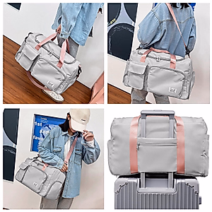 Suruid Travel Duffel Bag with Shoes Compartment Sports Gym Bag with Dry Wet Separated Pocket for Men and Women, Overnight Bag Weekender Bag Training Handbag Yoga Bag - Gray Pink