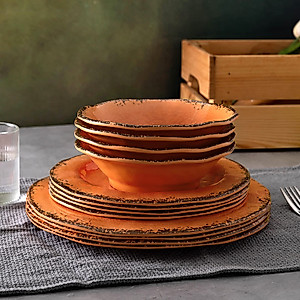 LEHAHA 12 Piece Crackle Lightweight Melamine Dinnerware Set-Service for 4, break-resistant and Durable Rustic Plates and Bowls Dishware Sets Perfect for Patio and Outdoor Activities