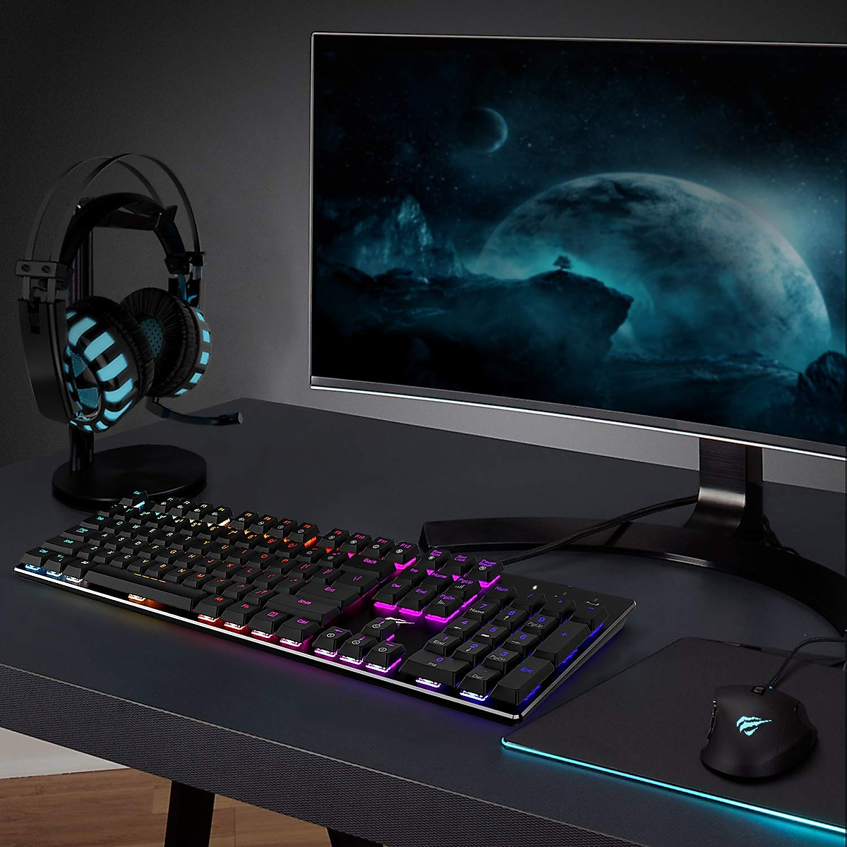 Mechanical Keyboard HAVIT RGB Backlit Wired Gaming Keyboard Extra-Thin & Light, Kailh Latest Low Profile Blue Switches, 104 Keys N-Key Rollover HV-KB395L (Black) (Renewed)