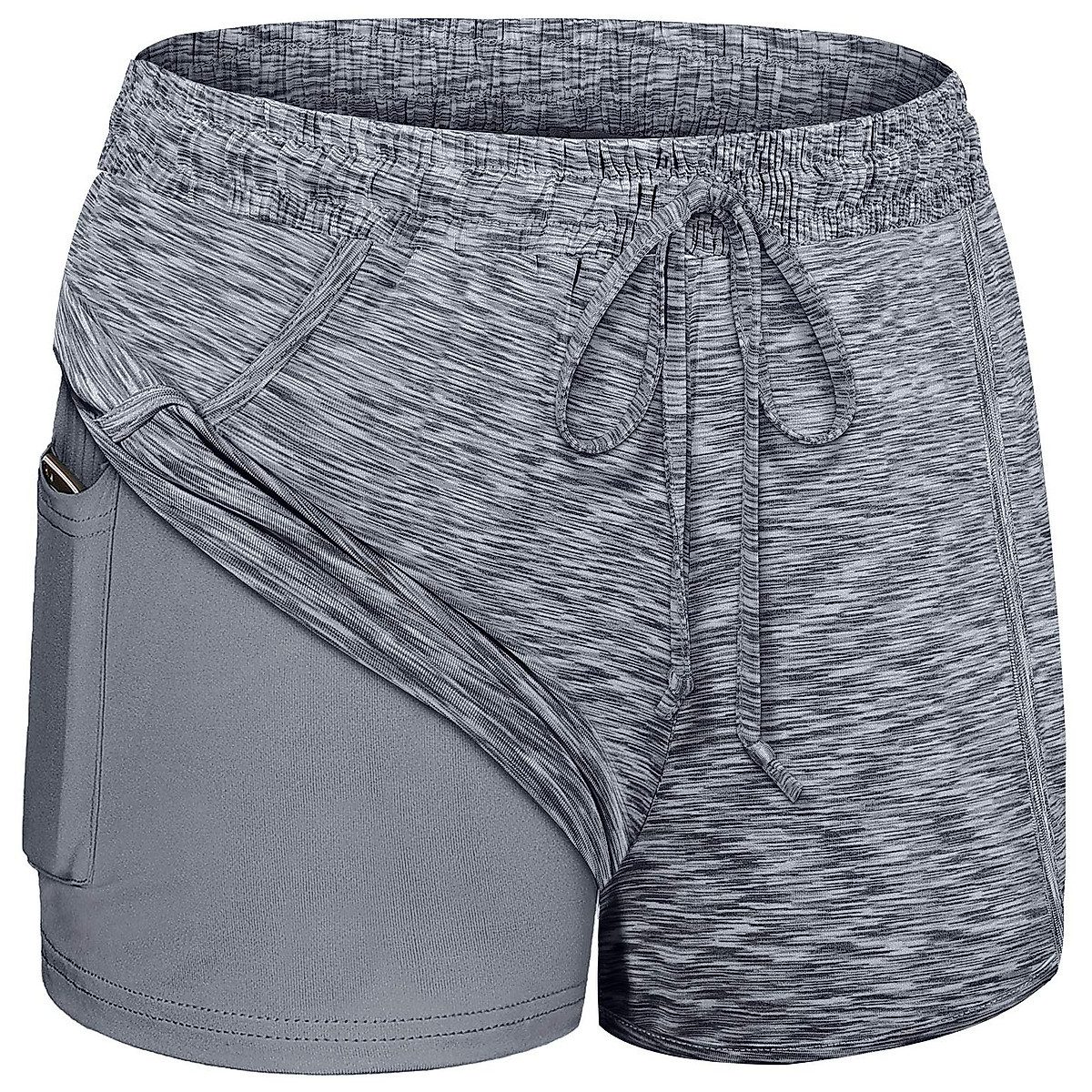 BLEVONH Shorts for Women Athletic,Stretchy Waistband Double Layers Yoga Athletic Short with Pocket Womens Lightweight Plus Sized Quick Dry Pickleball Workout Clothes Gray 2XL