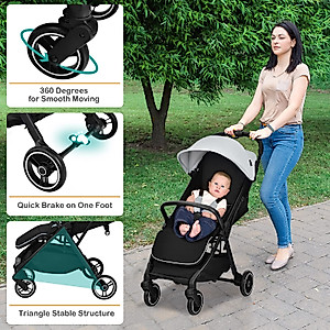 HONEY JOY Lightweight Baby Stroller, Compact Travel Stroller for Airplane, Fits Airplane Cabin & Overhead, One-Hand Gravity Fold, Self-Standing Toddler Stroller w/Adjustable Backrest/Canopy(Gray)