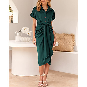 BTFBM Women 2024 Button Down Ruched Shirt Dresses Short Sleeve Lapel V Neck Elegant Party Spring Summer Maxi Satin Dress(Short Sleeve Dark Green, Large)