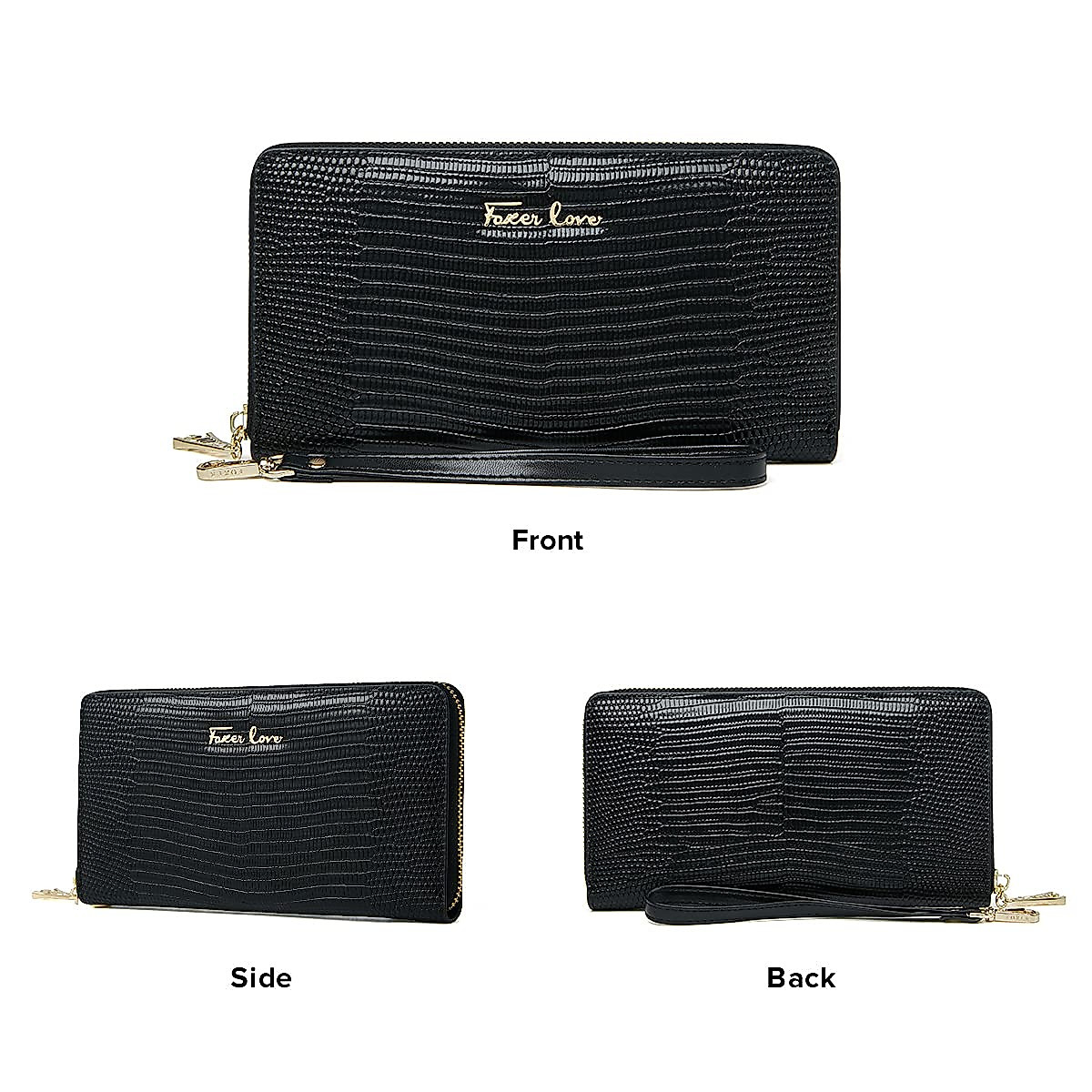 Leather Wallets for Women, Split Cowhide Crocodile Skin Pattern Gift Box Packaging Ladies Fashion Clutch Purses with Wristlet Womens Zipper Long Wallets Women's Credit Card Holders (Black)