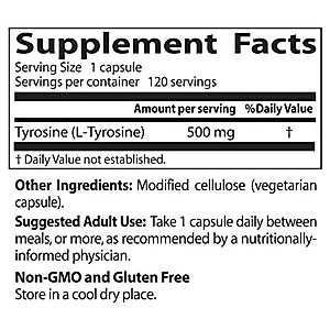 Doctors Best L-Tyrosine, 500 mg, Brain Transmitter Support, Non-GMO, Gluten Free 120 Veggie Caps