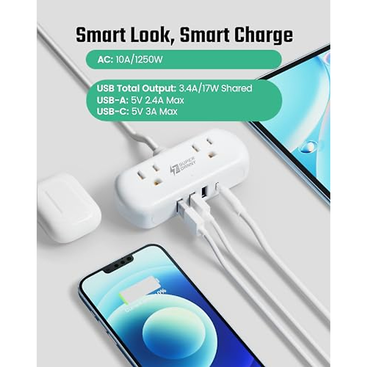 Power Strip with USB, SUPERDANNY Mini Surge Protector with 2 Wide-Spaced Outlets, 3 USB-A 1 USB-C, 5 Ft Extension Cord, Flat Plug, Compact Size Desktop Charging Station Travel, Home, Office, White