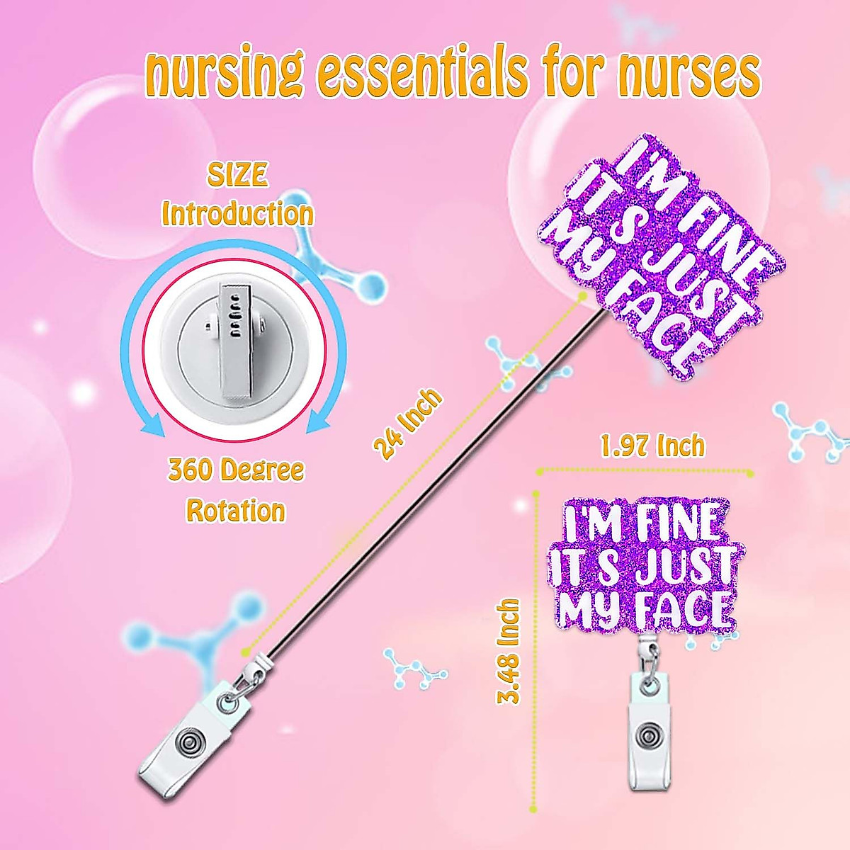 ANDGING Funny Nurse Badge Reels Retractable for Nurses, I'm Fine It's Just My Face Nurse Badge Reel Holder Nursing Acrylic Cute Badge Clips RN LPN CNA Medical ID Card Badge Holder Office Accessories