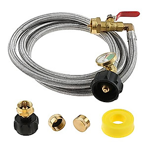 SURIEEN QCC1/Type1 Inlet Propane Refill Adapter Hose, 48" Stainless Braided Extension Propane Refill Hose with Gauge and ON/Off Control Valve for 1LB Propane Gas Tank 350PSI High Pressure Camping
