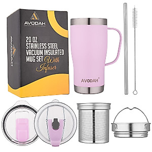 AVODAH 20 oz Tea Cup with Tea Infuser and Lid. Tea Infuser Mug with Tea Strainer, Two Lids & Straw. Coffee Travel Mug with Tea Accessories for Cold Brew (Lilac)