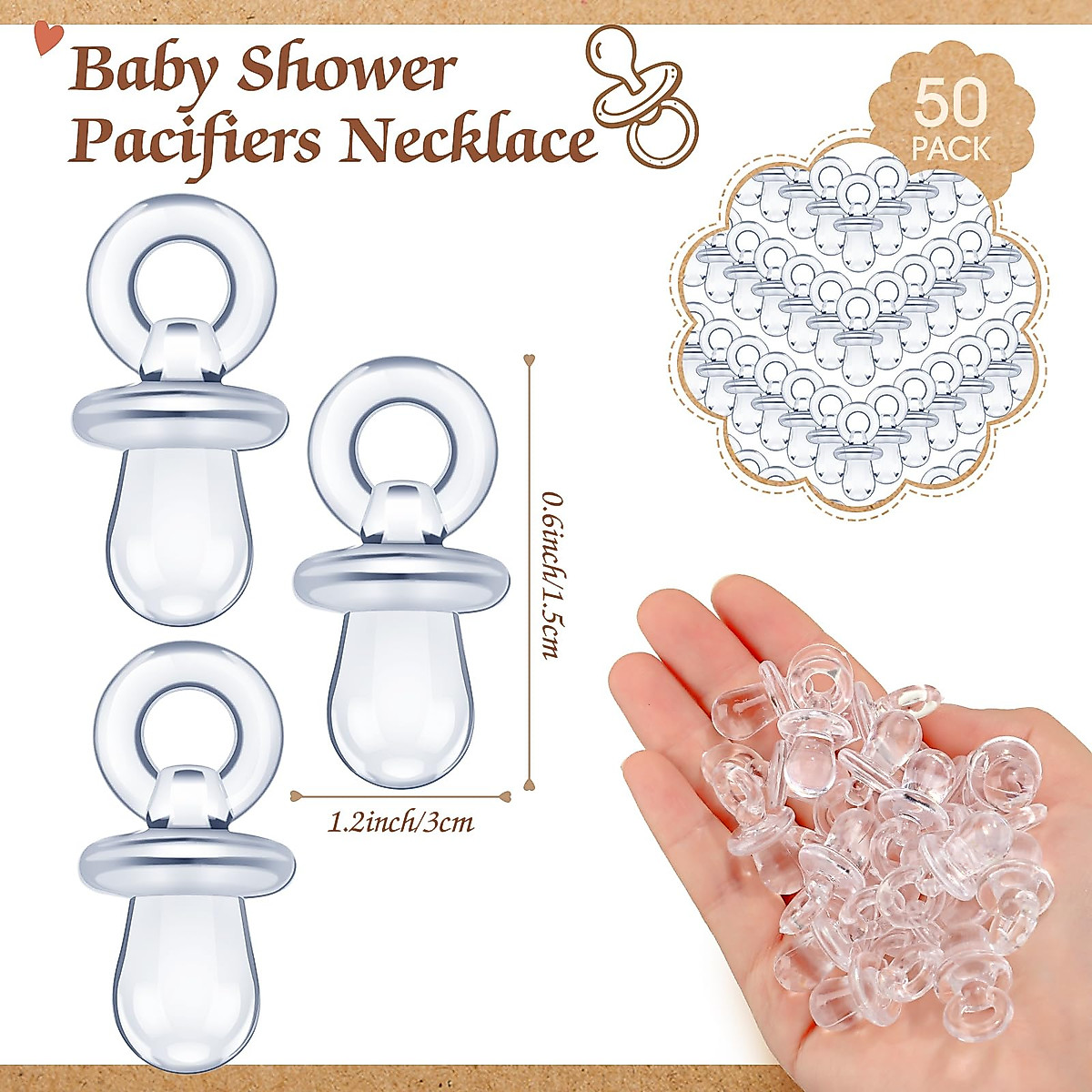 Thyle 51 Pcs Pacifier Hunt Baby Shower Games Include Hunt Sign and 50 Acrylic Pacifiers for Baby Shower Game Decoration Gift Sets Gender Reveal Party Decor(Kraft)