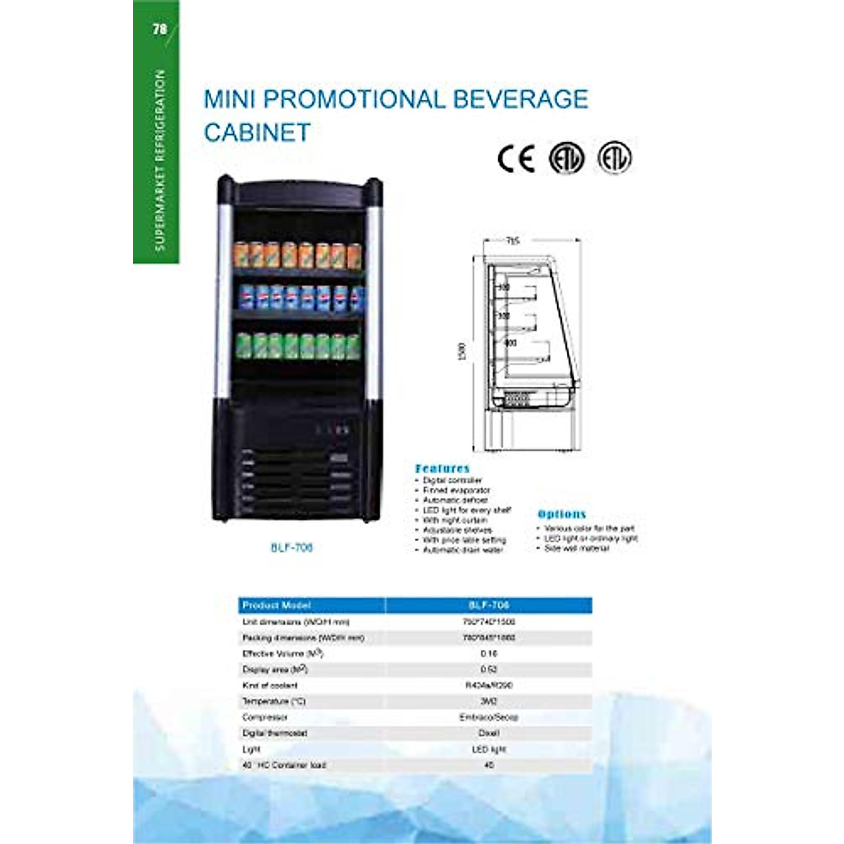Commercial Refrigerator Open Air Merchandiser Slope 28" Air Curtain Multideck Open Chiller Refrigerated Grab Showcase Merchandiser Coffe Shop NSF Display Cooler -BLF-706
