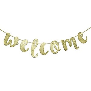 Welcome Gold Glitter Hanging Sign Banner- First Day of School, Classroom, Wedding, House, Home Decor (Gold)
