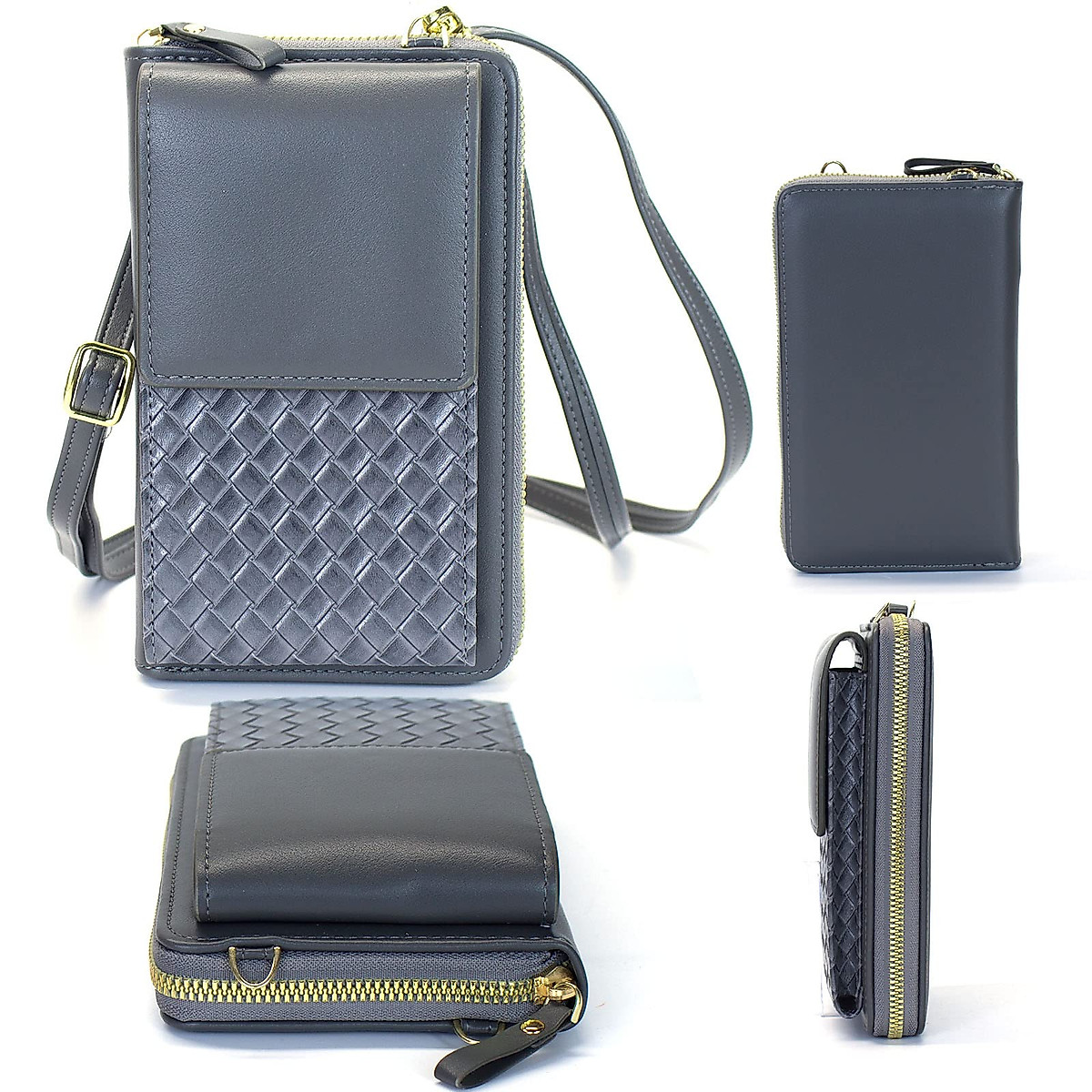 Small Crossbody Bag Phone Purse Handbag Card Zip Wallet Case Woven Leather Casual Daypack Satchel for Women(Morandi Grey)