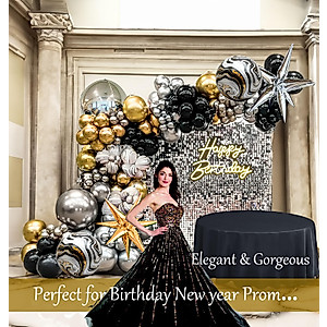 Black and Gold Silver Balloon garland arch kit 135Pcs With Starburst 4D agate balloons for Birthday 2025 new year eve graduation retirement Party Decorations