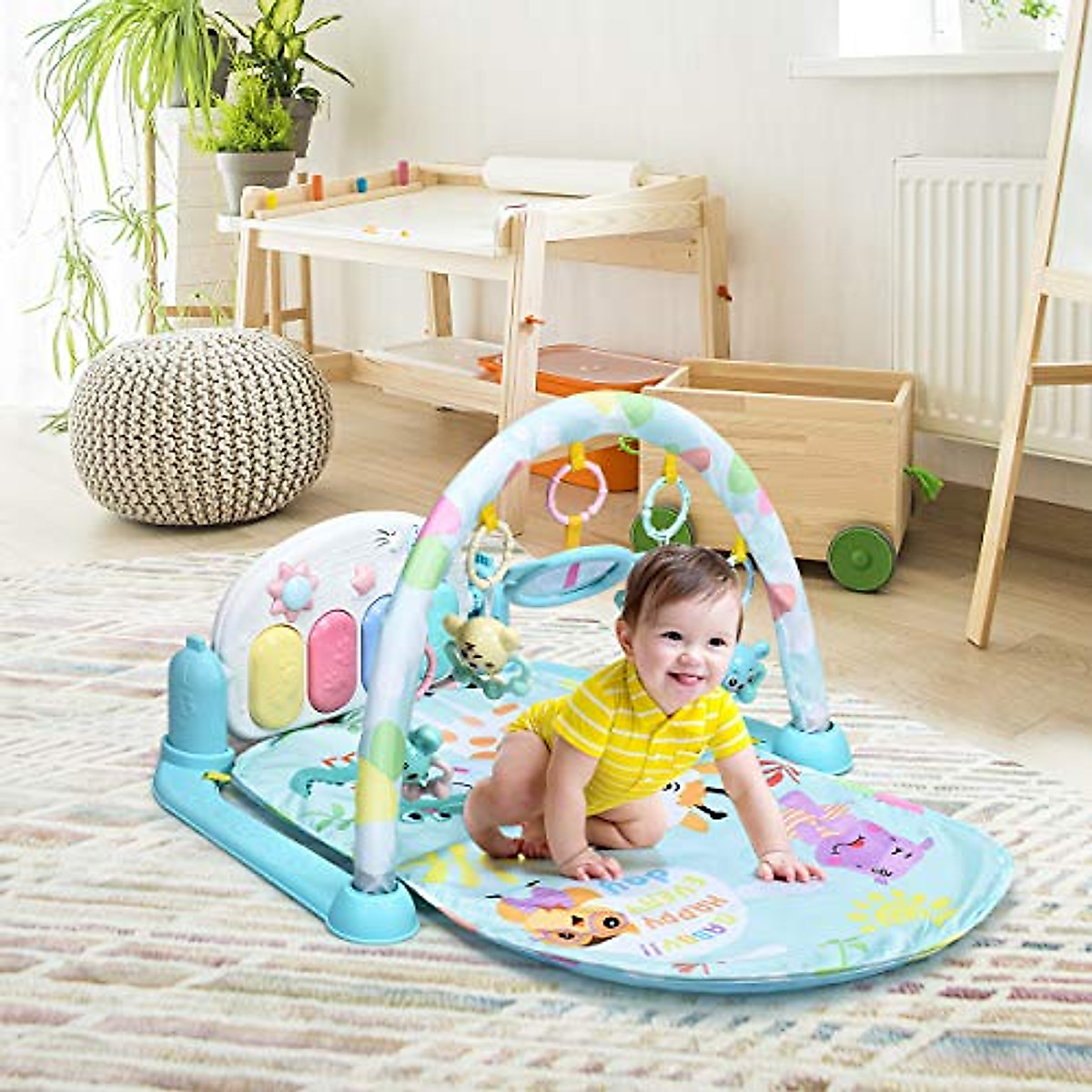 BABY JOY Baby Play Mat, Kick and Play Gym with Detachable Piano, Super Soft Foot Gym Carpet Fitness Rack, 4 Rattle Pendants and 1 Moon, Ideal for Baby Room (Blue)