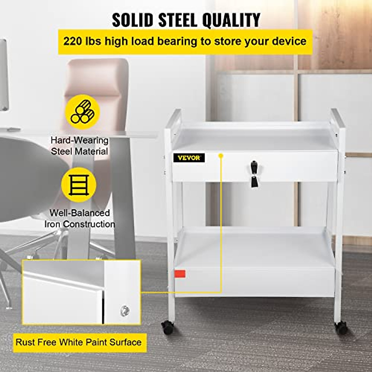 VEVOR Lab Cart, 2 Tiers Stainless Steel Utility Cart Medical Cart 2 Drawers Rolling Lab Cart White Paint Serving Cart with 360° Casters for Laboratory Hospital Dental Office Salon Beauty