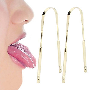 2Pcs Stainless Steel Tongue Scrape, U Shape Tongue Cleaner Oral Tongue Scraper for Oral Care Fights Bad Breath for Adults and Kids(gold)
