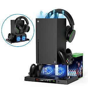 YUANHOT Upgraded Cooling Stand for Xbox Series X, Vertical Charging Station Dock Accessories with Fan Cooling System, Dual Controller Charger Ports, Headset Holder and Game Storage (ONLY for XSX)
