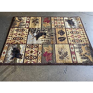 Cabin Style Distressed Antiquated Area Rug Black Bear Elk Deer Wildlife Animal Country Hunting Southwest Wilderness Design 760 (5 Feet X 7 Feet)