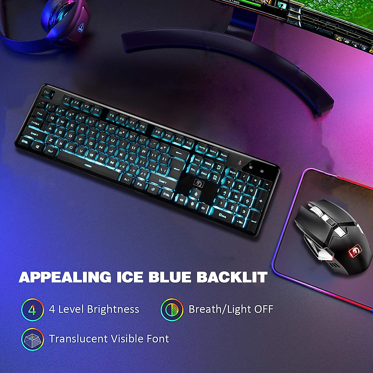FELICON Rechargeable Wireless Gaming Keyboard and Mouse Combo & Lager Mouse Pad kit Ice Blue Backlit Mechanical Feel 104 Keys Full Keybaord, Queit, Waterproof for Computer PC Mac