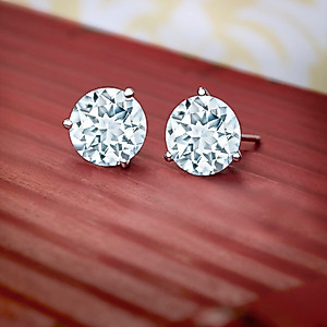 Gem Stone King 18K White Gold Sky Blue Aquamarine Martini Stud Earrings For Women (1.50 Ct Round 6MM)