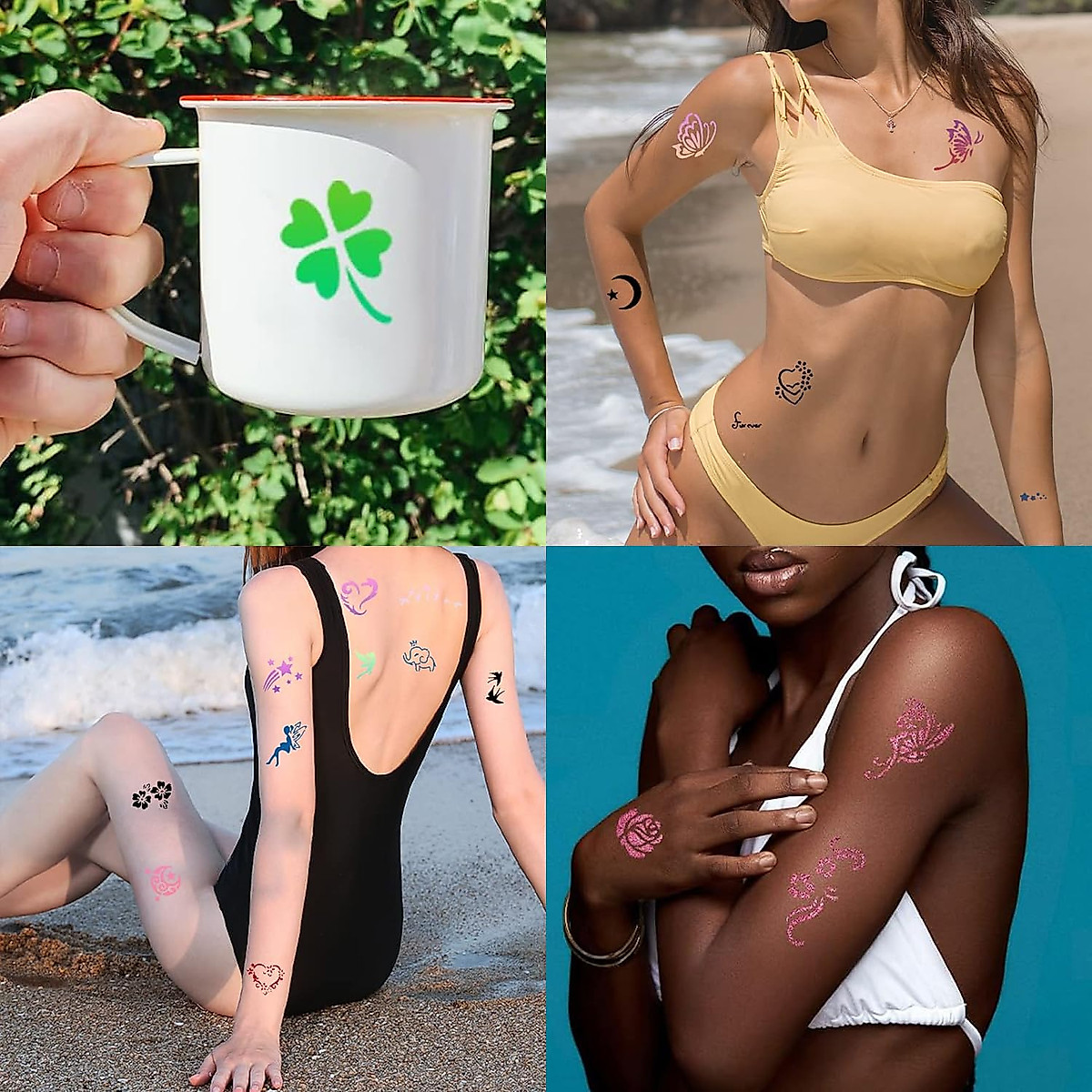 QSTOHENA Pack of 12 Henna Temporary Tattoo Stencil Kit - 145Pcs Glitter Airbrush Tattoo Sticker Indian Arabian Black Henna Tattoo Temp for Women Kids