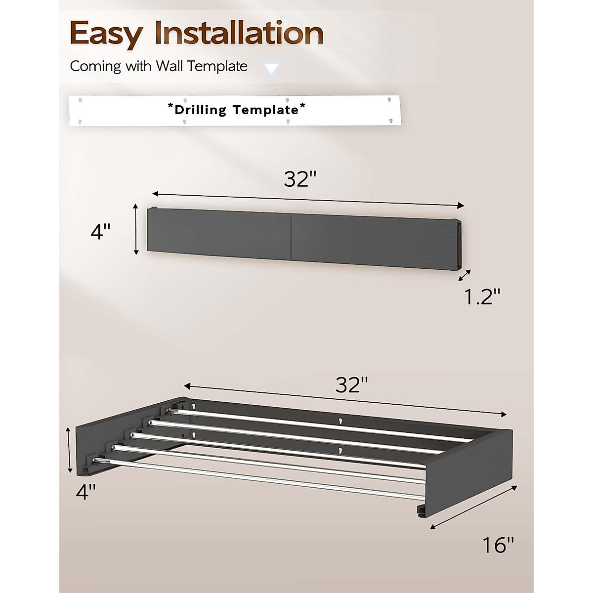 Vikaqi Clothes Drying Rack Wall Mounted, 32" Drying Rack Clothing Retractable, Laundry Drying Rack Space Saving, Collapsible Drying Racks for Laundry Folding Indoor Outdoor, 5 Rods, Black