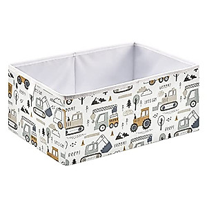 AMmao Cute Truck Tractor Bulldozer Excavator Open Storage Basket Bins Cube Fabric Toy Cloth Gifts Closet Storage Bins Foldable Shelf Basket for Home Bedroom Nursery Decorative, 11X11In