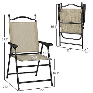 Outsunny Folding Patio Chairs, Set of 4 Sports Chairs for Adults, Camping Chairs with Armrests, Breathable Mesh Fabric Seat for Lawn, Beige