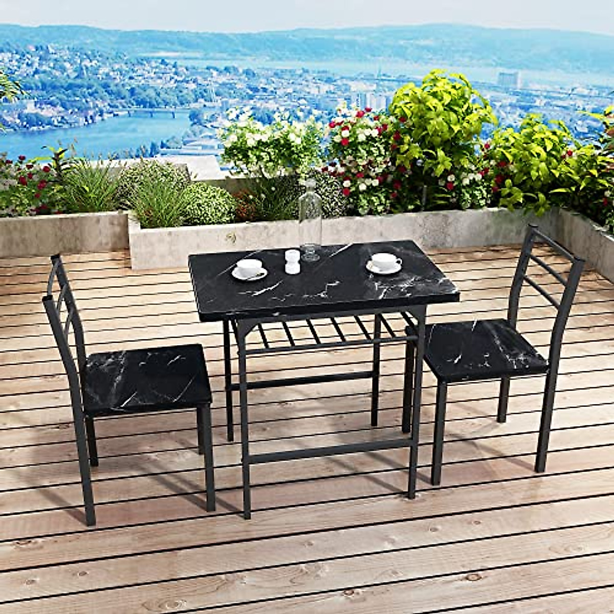 3-Piece Dining Table Set for 2, Small Kitchen Table with 2 Chairs and Storage Rack, Modern Faux Marble Dining Room Table Set Industrial Design for Small Space, Breakfast Table Set, 31.5in Black