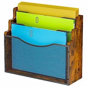 3-Tier Ladder File Organizer, Desk File Organizer with Retro MDF+ Black Metal Frame, Wall Paper Letter Tray Organizer, Wall File Storage Rack, Mesh Desktop Organizers and Accessories for Home Office