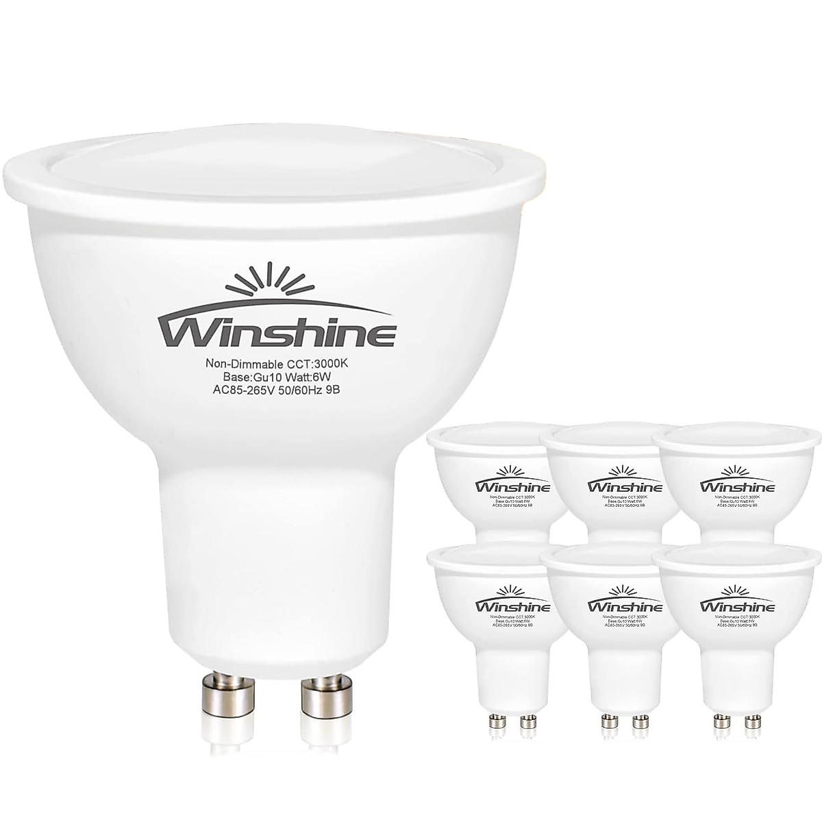 winshine GU10 LED Bulb, 50W Halogen Equivalent Light Bulbs, 3000K Warm White 2 Prong Base GU10 Bulb, LED Halogen Replacement Bulbs for Recessed Track Light 120V 550LM 120 Degree, Non-Dimmable 6 Pack