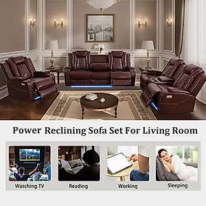 GEBADOL Power Reclining Sofa Set, Living Room Furniture Set with USB Ports, Leather Recliner Couches Set for Living Room/Apartment/Office/Home Theather (Burgundy, Sofa)