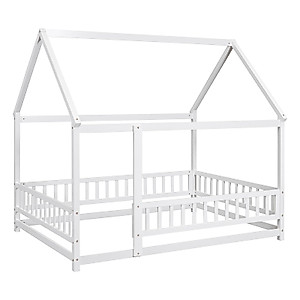 MilleLoom Full Size Solid Pine Wood Floor Bed Frame, Full Size House Floor Bed with Roof Fence Guardrails, Multifunctional Playhouse Bed for Kids Boys Girls Teens, Easy Assembly, White