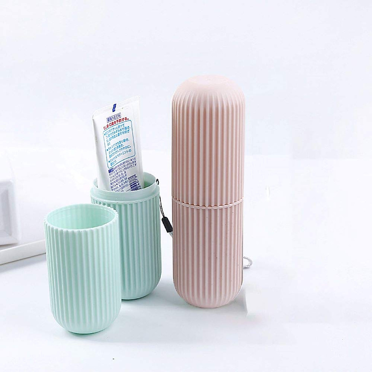 NA Toothbrush Case Portable Toothbrush Holder Multifunctional Travel Toothbrush Case Toothbrush Cup 2packs(Pink+ Green)