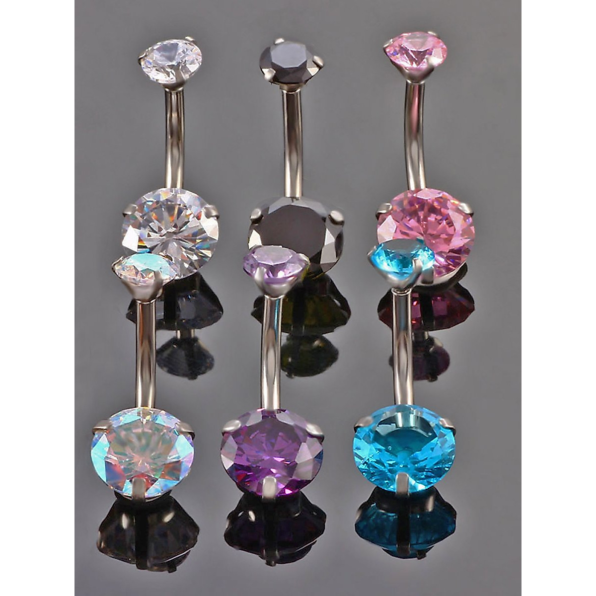 YHMM 14G Surgical Steel Belly Button Rings, Internally Threaded 12mm Long Round CZ Navel Barbell Stud for Women Men (6 Pcs 6 Colors)