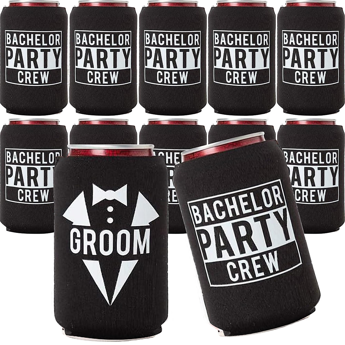 Groom and Bachelor Party Crew Squad Bachelor Party Can Coolers, Set of 12 White and Black Beer Can Coolies, Perfect Bachelor Party Decorations and as Grooms Men Gifts