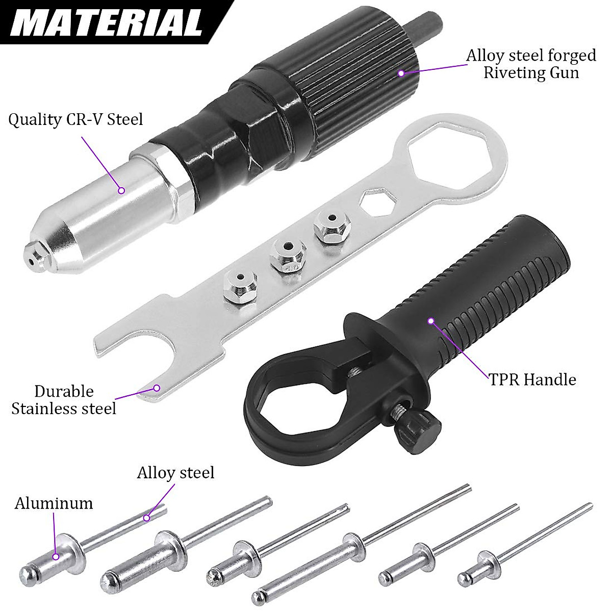 Swpeet 211Pcs Black Alloy Steel Electric Rivet Gun Adapter Kit, Including 2.4/3.2/4.0/4.8mm Diameter Rivet Head and Handle Wrench with 500Pcs Aluminum Blind Rivet Kit