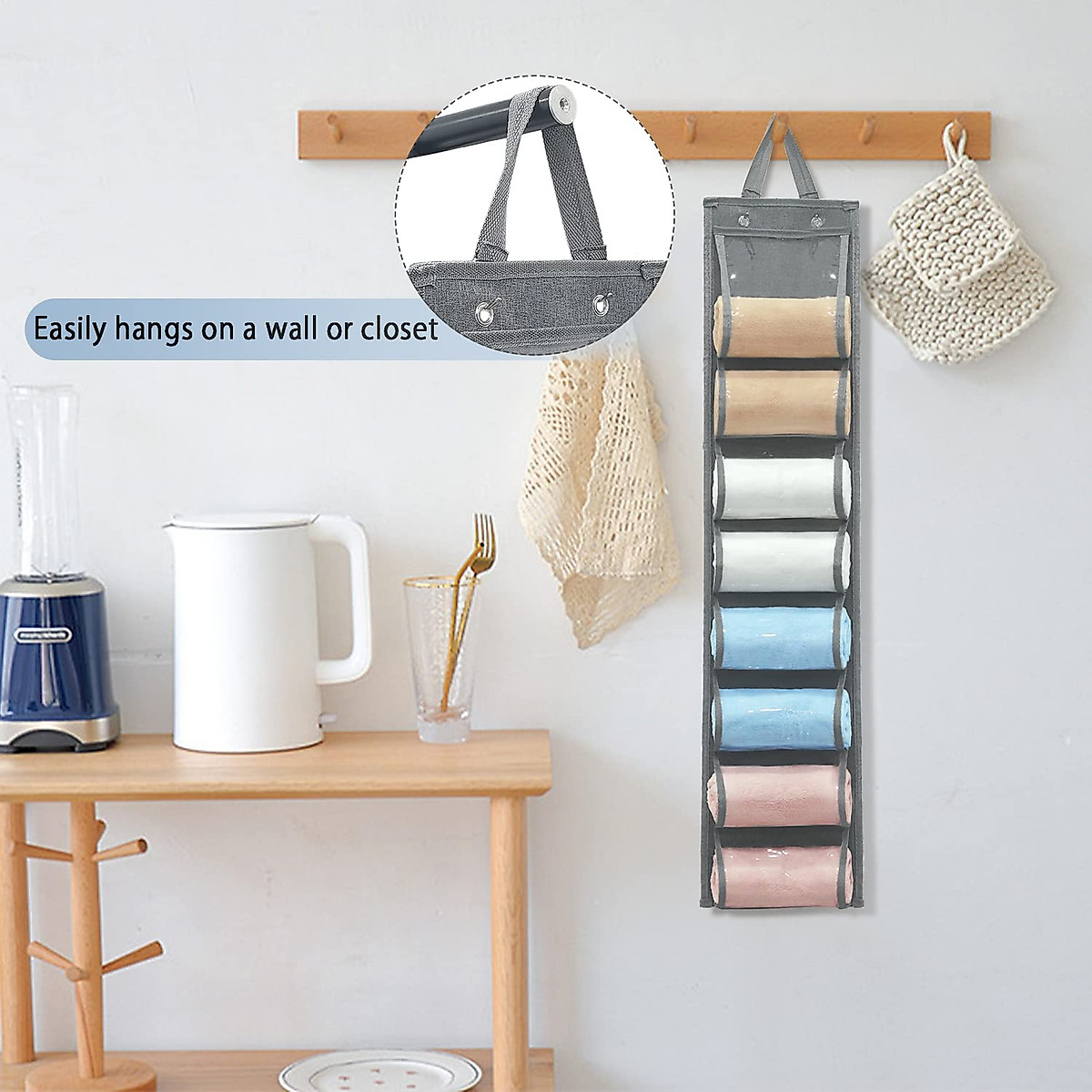 Leggings Storage Hanging Organizer,Storaging Hanger Roll Rack Holder for T-Shirt Jeans Gym Pants,RV Portable Closets Space Saver (Gray, 16 Compartments x 2Pack)