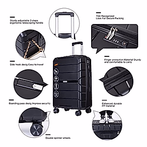 Travelhouse Luggage Sets, Lightweigh Hardside Suitcases with Double Spinner Wheels,TSA Lock, 3 Piece Set 20"/24"/28" (Black-31)