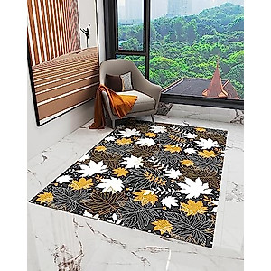 Autumn Maple Leaves Large Rectangular Area Rugs 5' x 7' Living Room, Yellow White Gold Leaf Black Backdrop Durable Non Slip Rug Carpet Floor Mat for Bedroom Bedside Outdoor