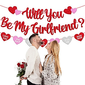 Will You Be My Girlfriend Banner Be My Girlfriend Glitter Heart Garland Happy Valentine’s Day Party Decoration Glitter Red and Pink Be My Valentine Romantic Party Supplies