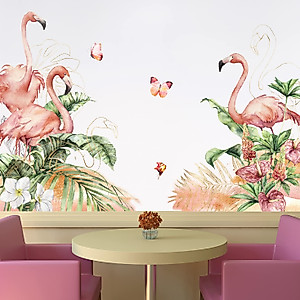 RW-C328 Pink Flamingo Wall Decals Tropical Green Plants Flowers Wall Stickers DIY Removable Flamingo Floral Butterfly Tree Leaves Wall Art Decor for Kids Girls Bedroom Living Room Nursery Decoration