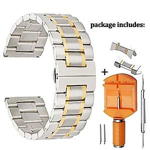 22mm Universal Two Tone Smart Watch Band Strap Solid 304 Stainless Steel in Silver and Gold Curved End