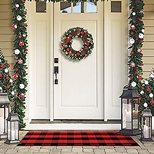Buffalo Plaid Area Rug, 23.6 x 51.2 inch Kitchen Rug Cotton Outdoor Mat for Porch Bathroom Carpet Living Room Indoor Doormat, Black and Red