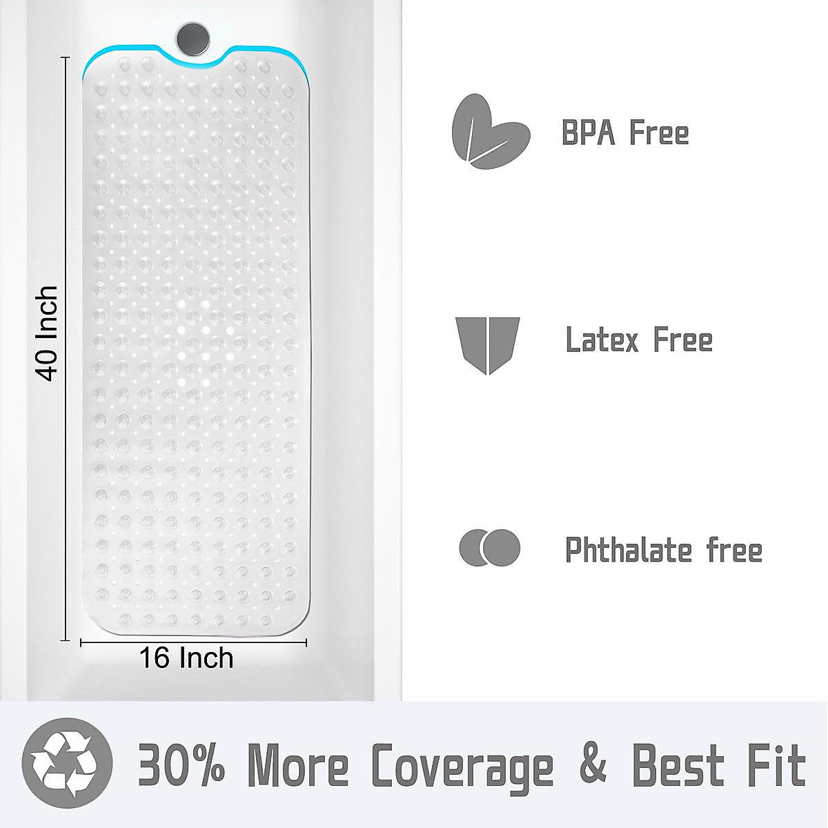 Yimobra Original Bath Tub Shower Mat Extra Long 16 x 40 Inches, Non-Slip with Drain Holes, Suction Cups, Machine Washable, Phthalate Free, Latex Free, BPA Free, Bathroom Mats Clear