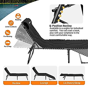 KingCamp Padded Oversized Lounge Chair, Folding Outdoor Chaise Lounge Chair with 5-Position Adjustable, Camping Cot for Beach, Patio, Garden, Pool, Sunbathing with Pillow Side Pocket,Support 300 LBS