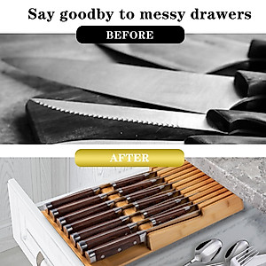 Bamboo Kitchen Drawer Knife Block, In drawer Knife Holder, Knife Drawer Organizer fit for 13 knives