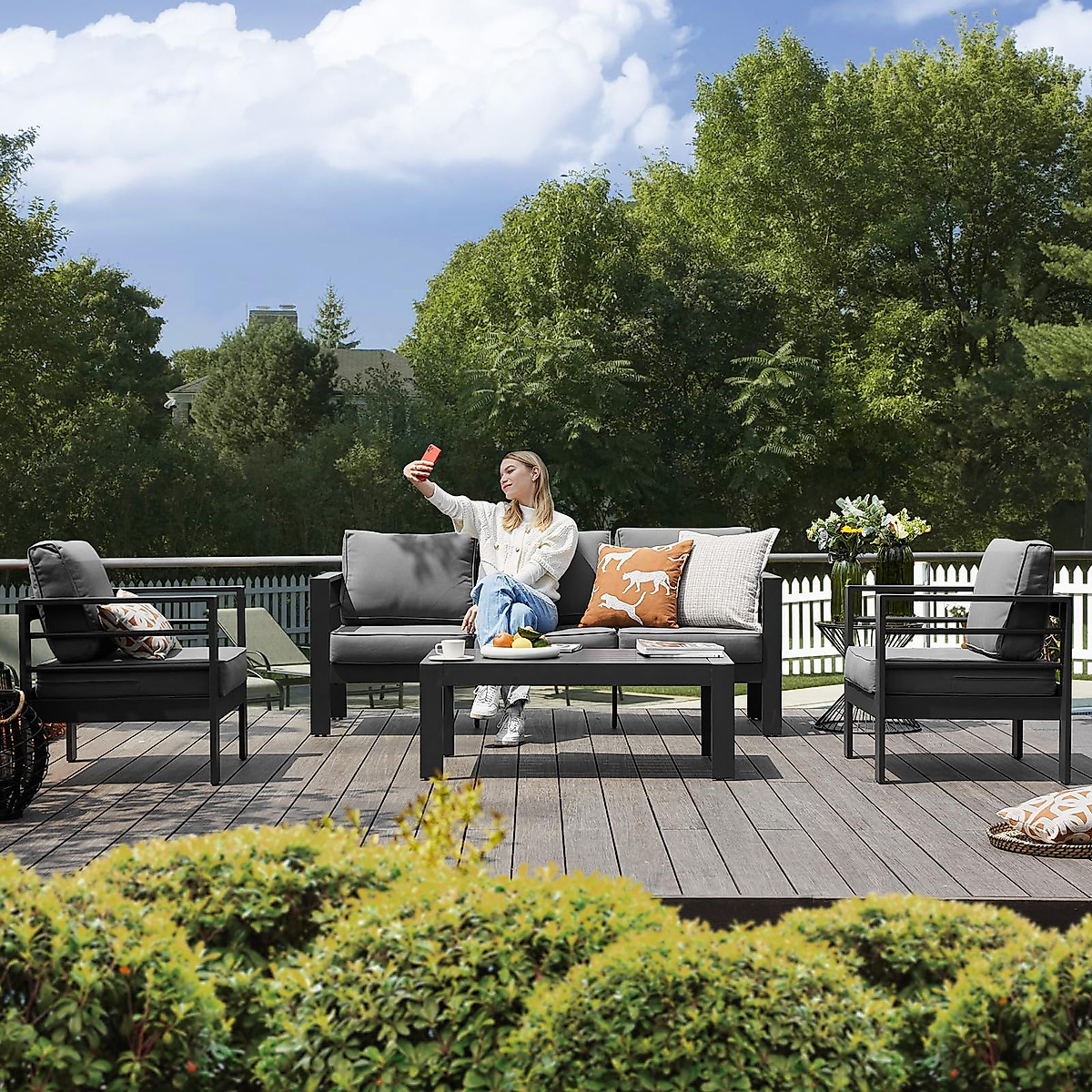 VONZOY Aluminum Patio Furniture Set, Grey Metal Outdoor Furniture Set,6 Piece Patio Furniture Set with Waterproof Covers for Backyard Garden